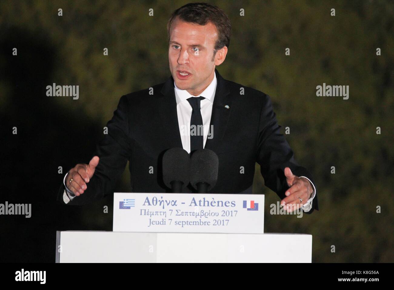 French President Emmanuel Macron delivers a speech at Pnyx hill as the ...