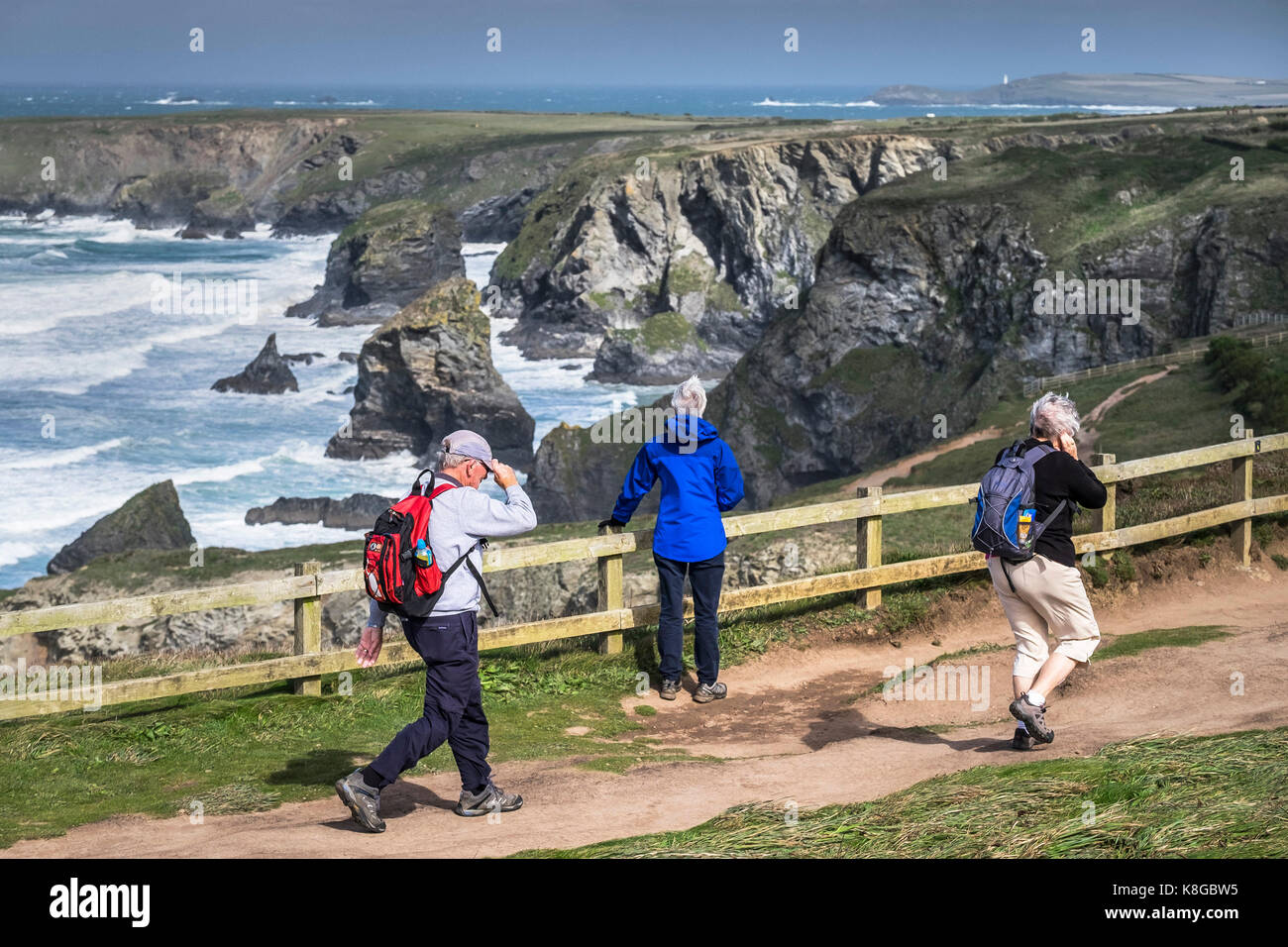 Bedruthan Steps - Walkers walking on the South West Coast Path at ...