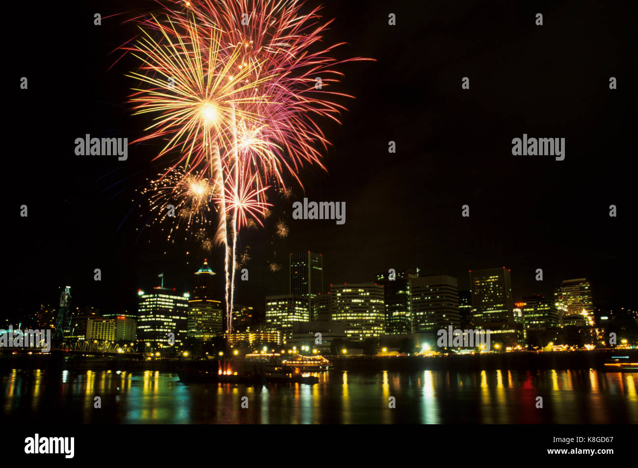 Fireworks during Rose Festival, Eastside Esplanade, Portland, Oregon ...