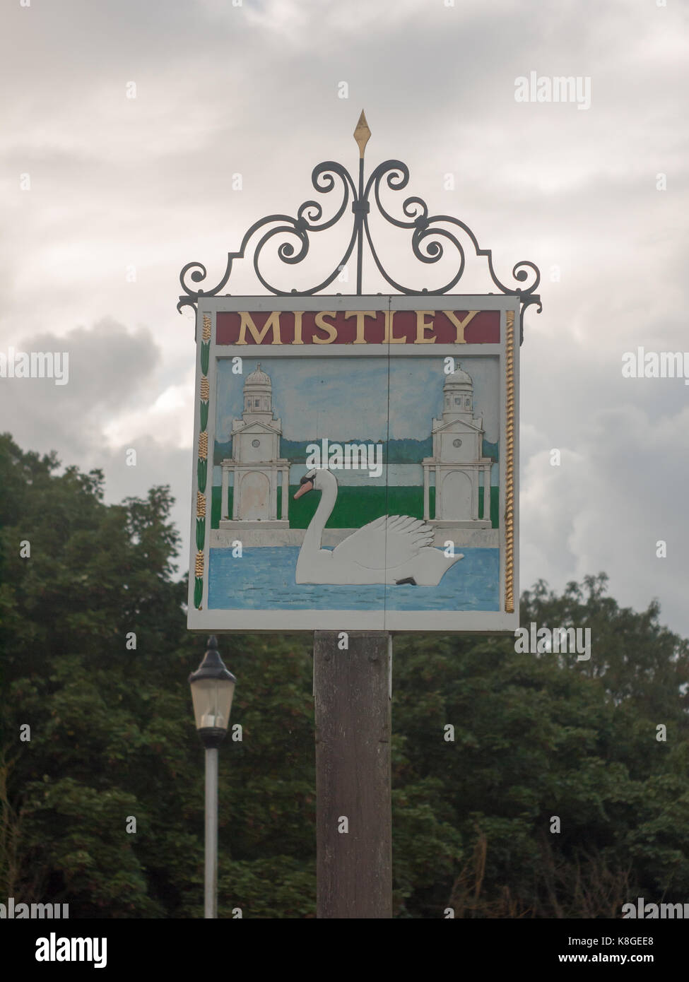 mistley village sign post outside village england swan Stock Photo - Alamy