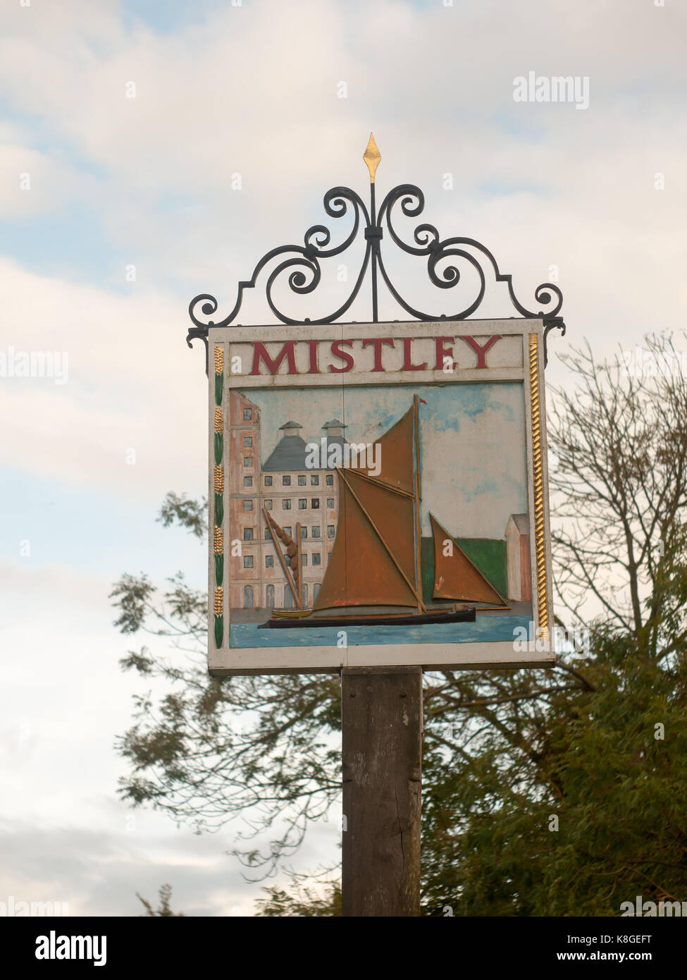 mistley village sign post outside village england boat Stock Photo - Alamy