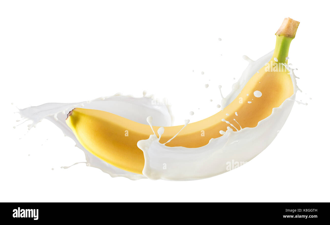 banana in milk splash isolated on a white background Stock Photo - Alamy
