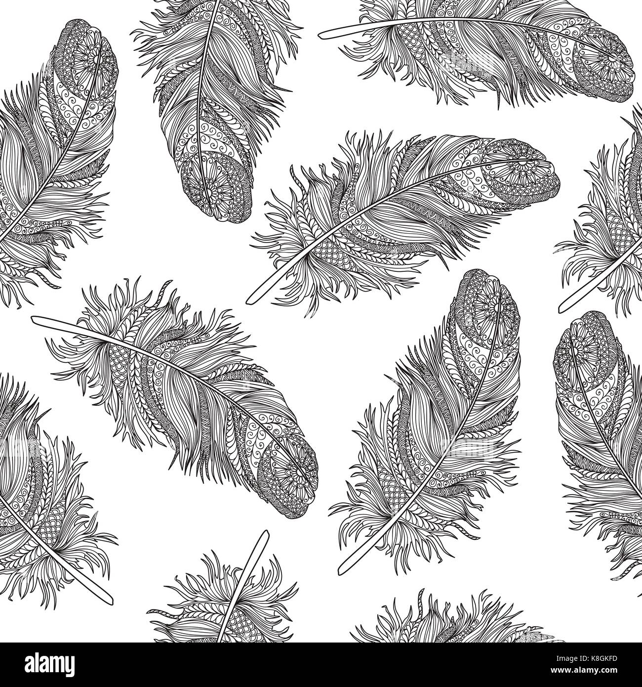 Birds feather seamless pattern. Line art ornamental background ...