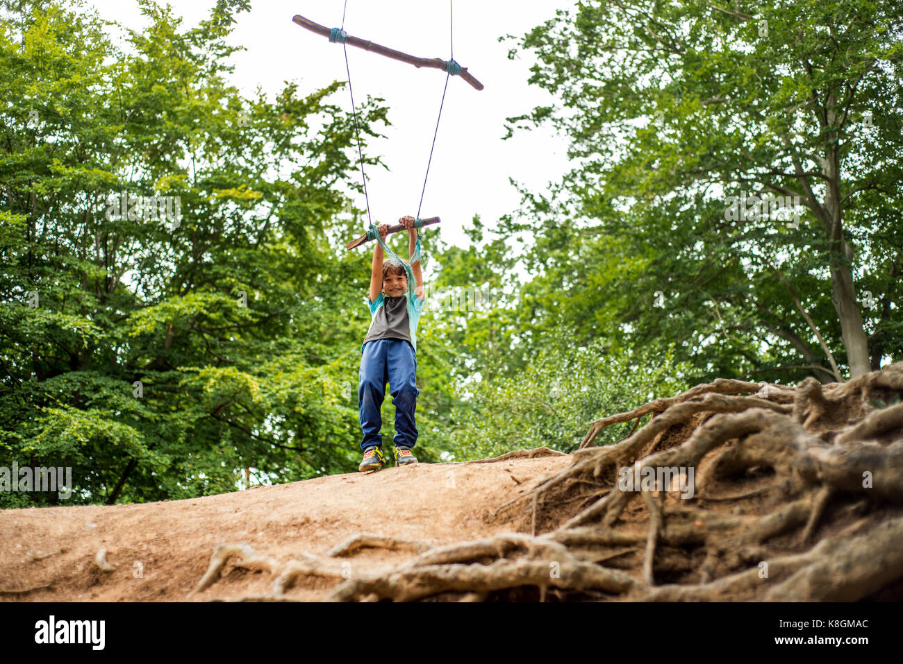 Young boy swinging on home-made tree swing Stock Photo - Alamy