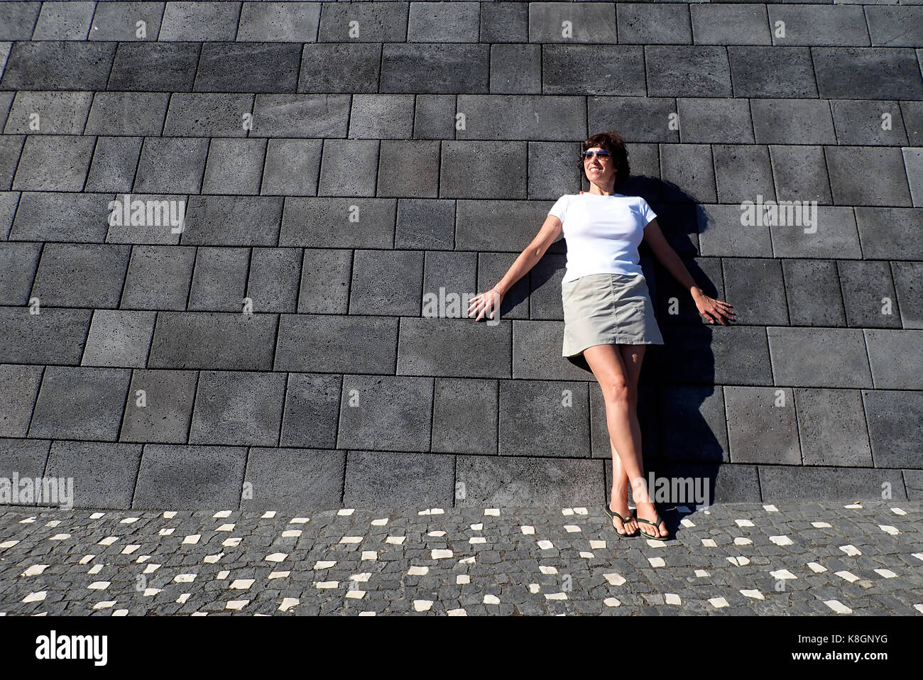 Woman Basalt Wall Horta City Faial Island Azores Portugal Europe Stock ...