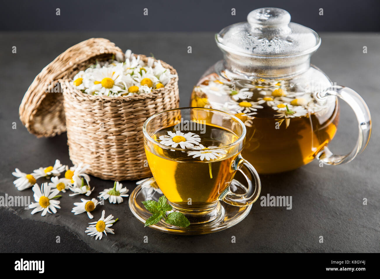 Chamomile tea in a glass cup Stock Photo - Alamy
