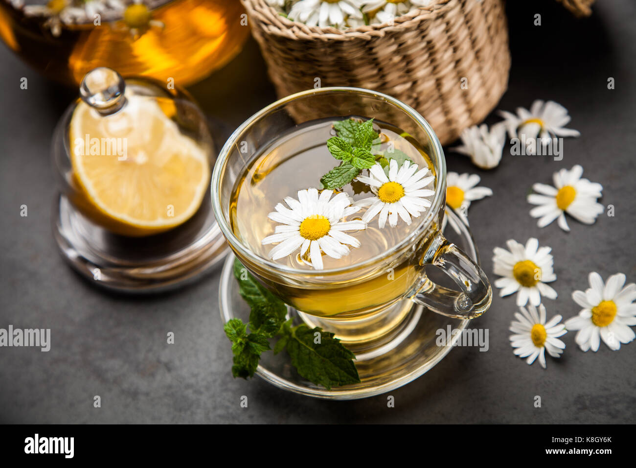Chamomile tea in a glass cup Stock Photo - Alamy