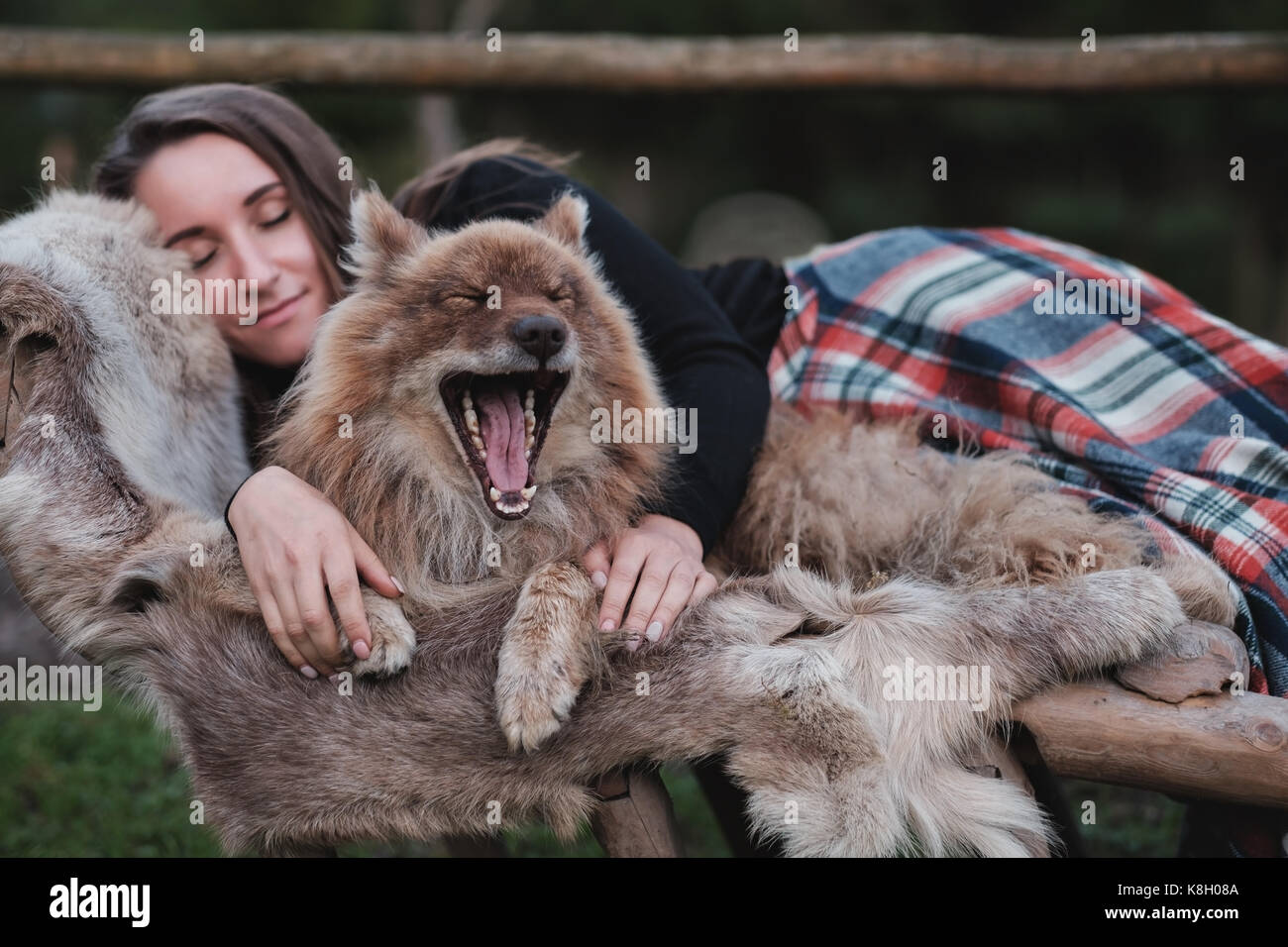 A beautiful woman and her dog nenets shepherd laika sleeping Stock ...