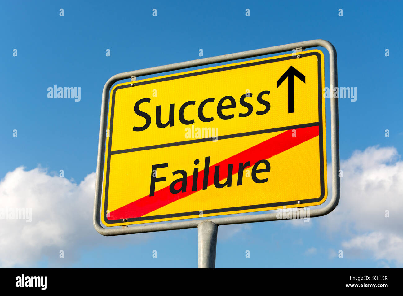 Yellow street sign with success ahead leaving failure behind close up ...