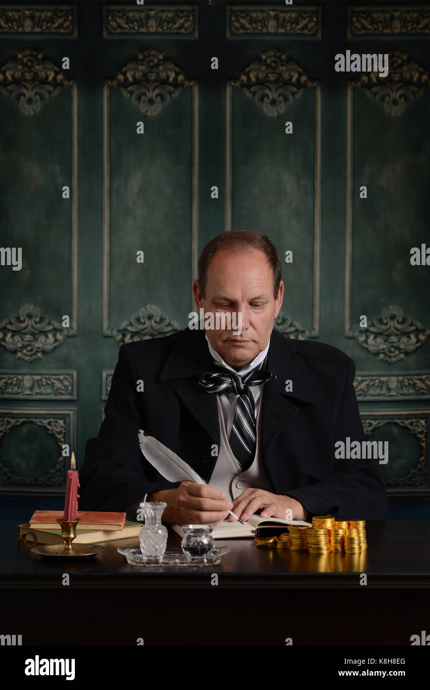 victorian miser recording his money in ledger Stock Photo - Alamy