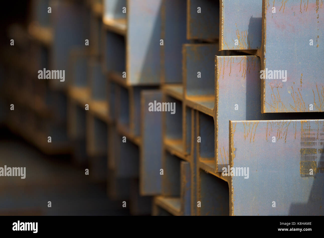Metal profile beam in packs at the warehouse of metal products, Russia ...