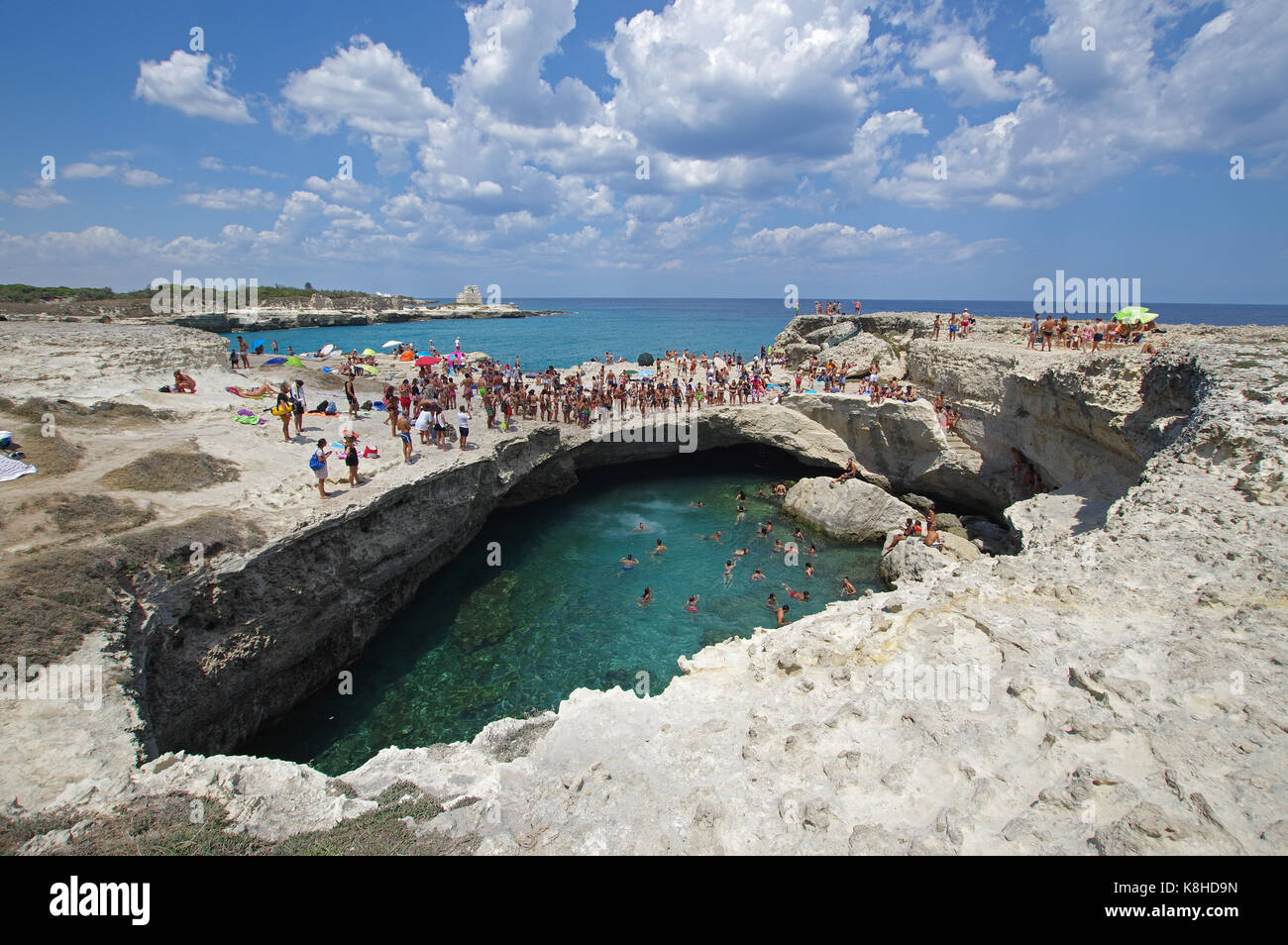 ROCA VECCHIA, ITALY - JULY 25, 2017: People around the natural pool ...