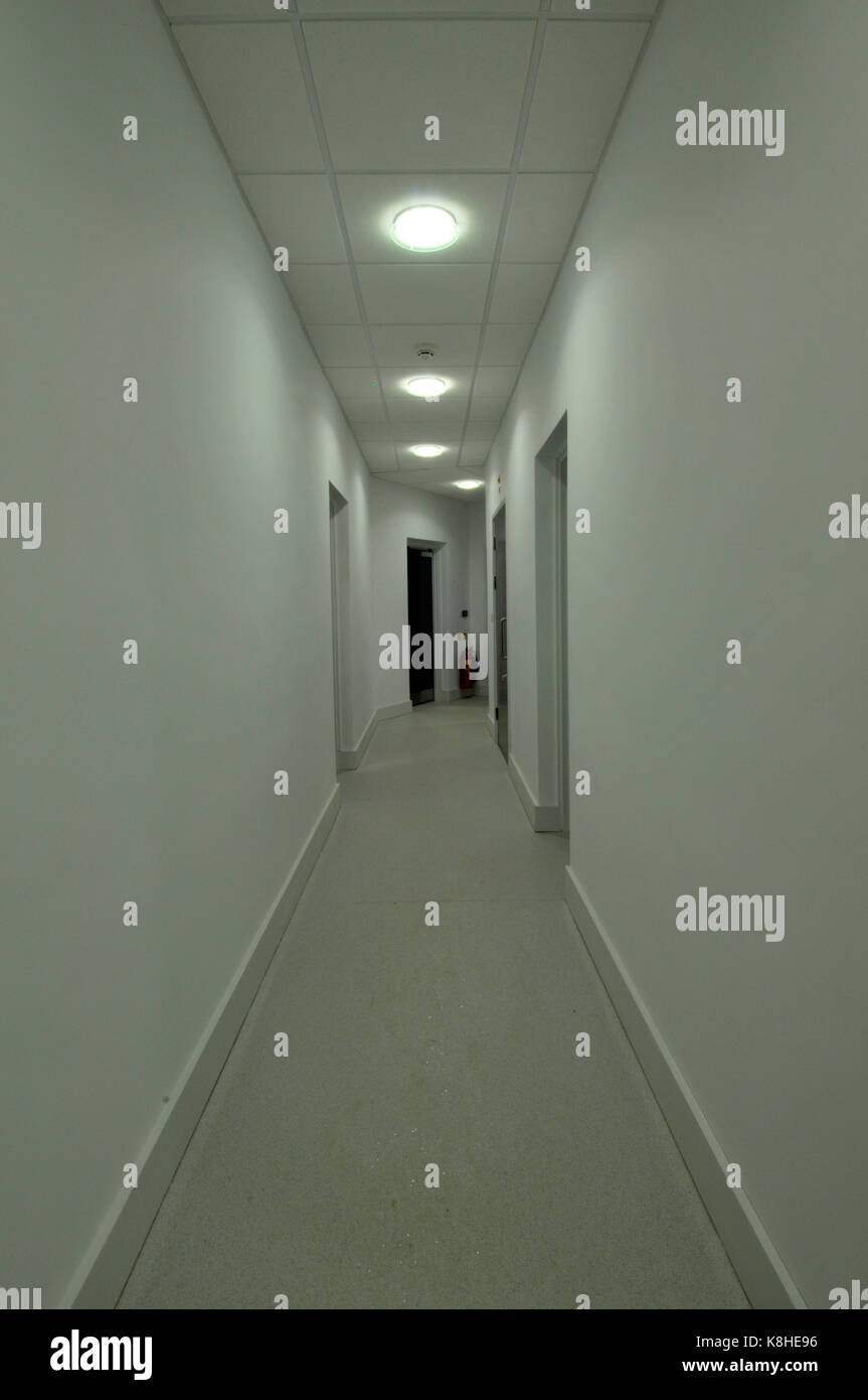 a long internal corridor in a modern office building or hotel suite of ...