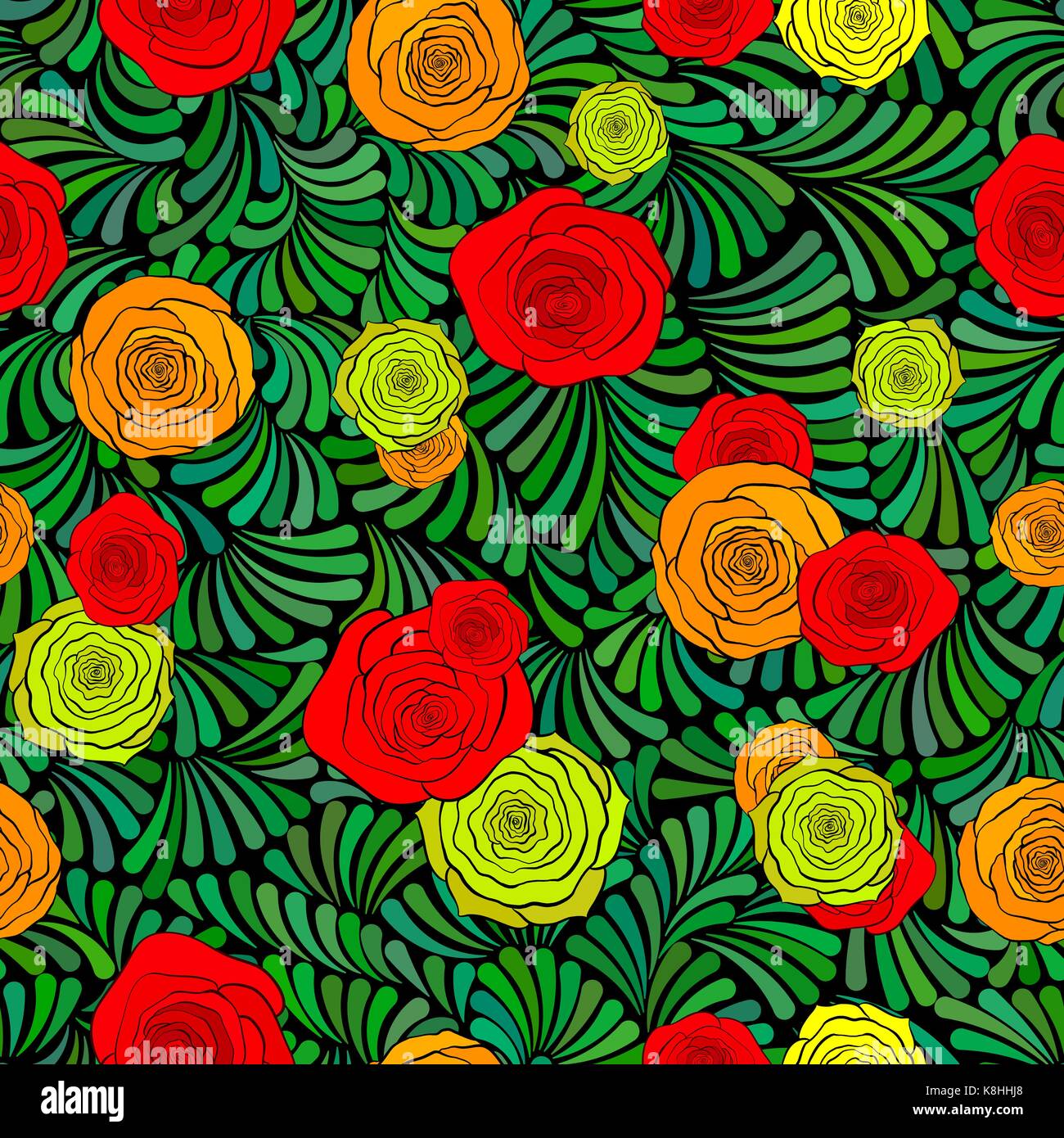 Seamless pattern with beautiful red and yellow roses on black ...