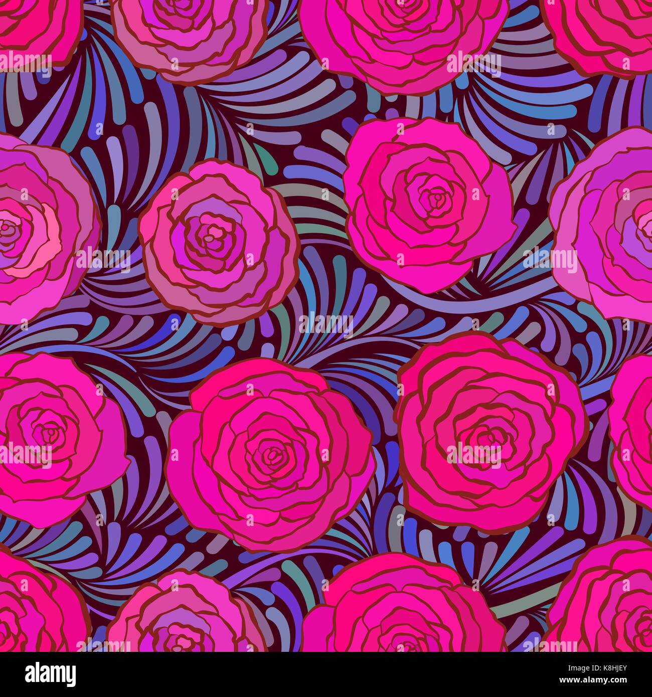 Seamless pattern with beautiful pink roses with stylish swirls for ...
