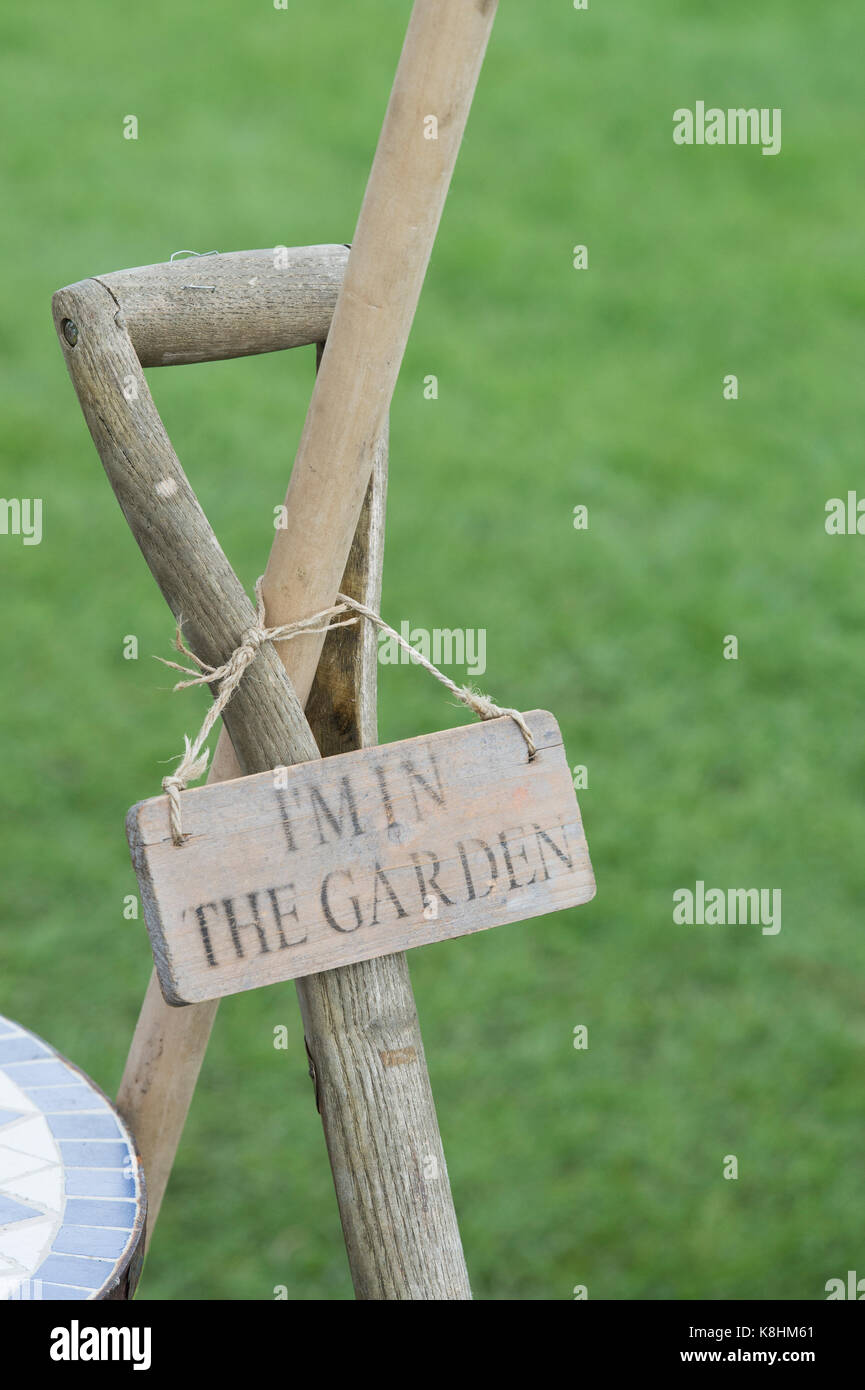 Im in the garden sign at the RHS Wisley autumn flower show. Surrey. UK ...