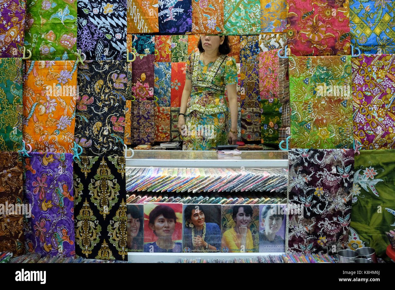 Burma, Myanmar: woman selling fabric at Bogyoke Market in Rangoon, and ...