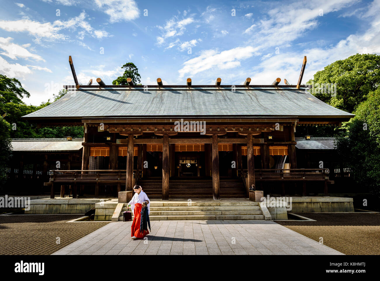 EDITORIAL A miko (Shrine maiden) at Miyazaki Shrine, in Miyazaki, Japan ...