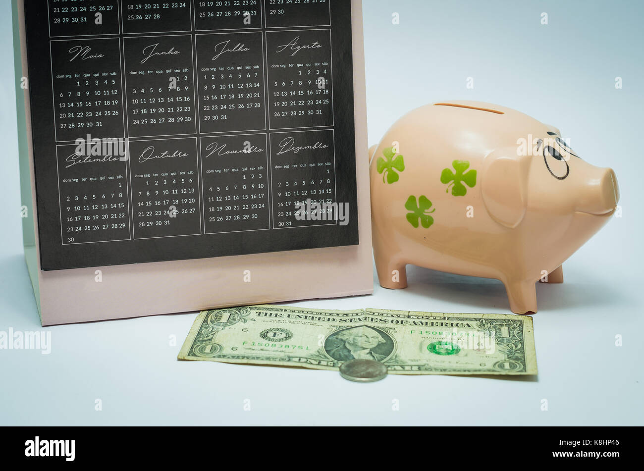 Great concept of economy, calendar, piggy bank, american dollar money ...
