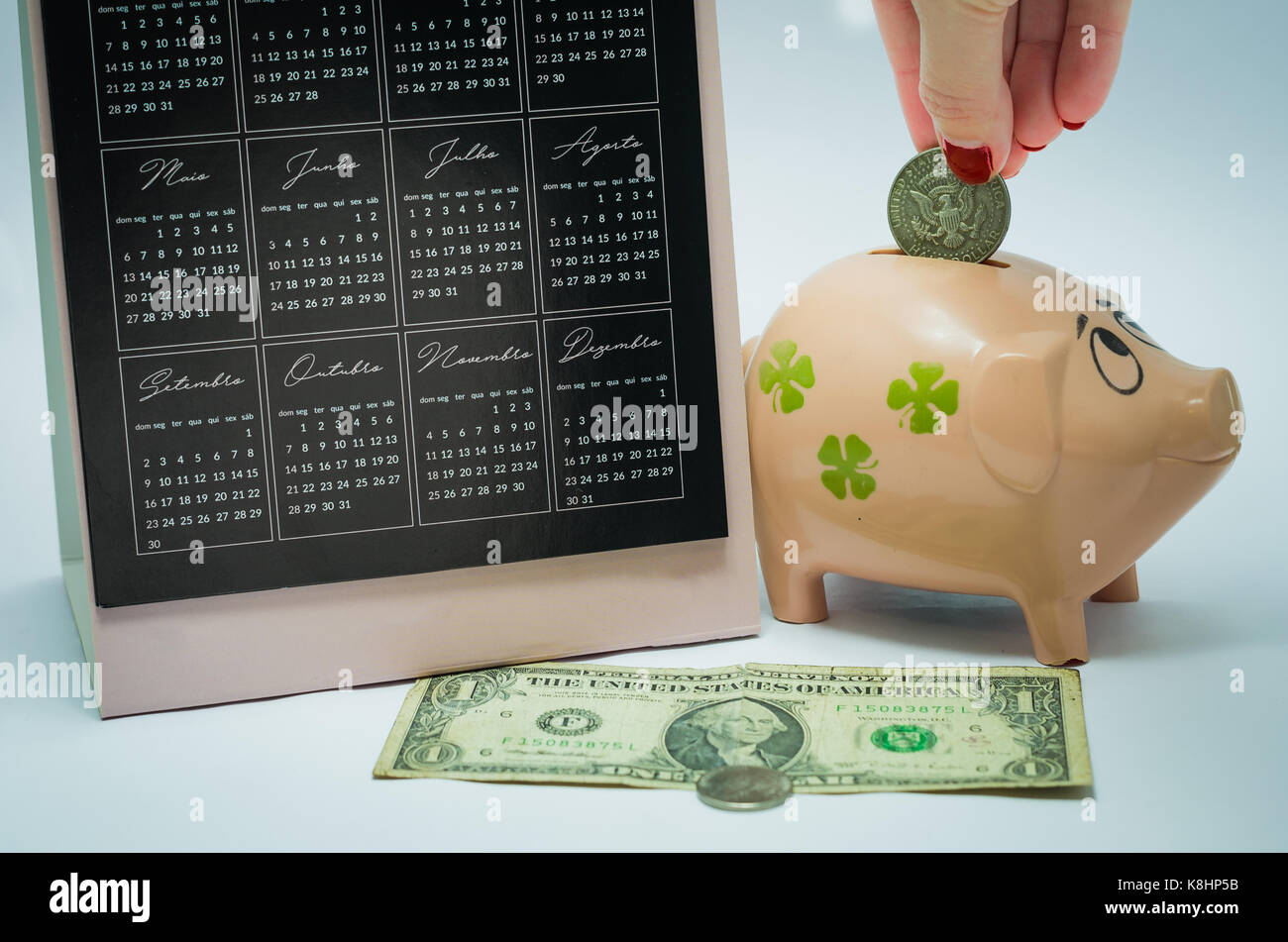 Great concept of economy, calendar, piggy bank, american dollar money ...