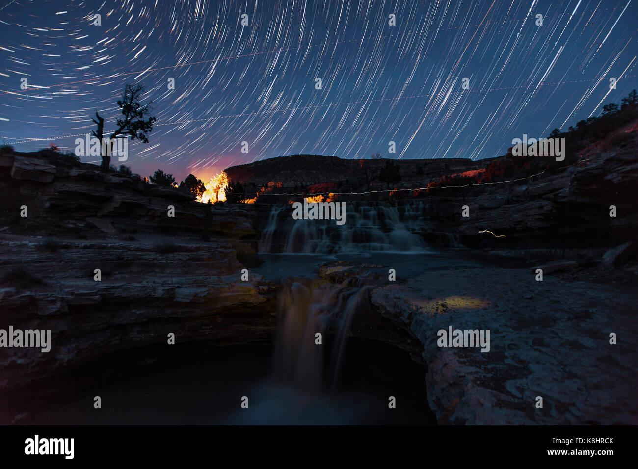 Scenic view of star trails over waterfall Stock Photo - Alamy