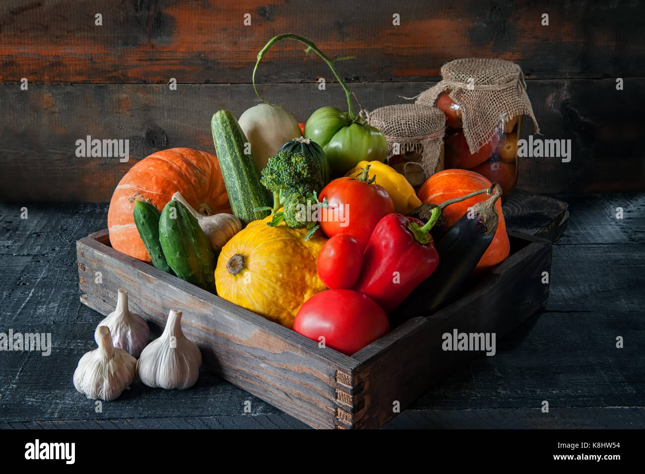 Assorted vegetables, pumpkin, zucchini, eggplant, garlic, green onions ...
