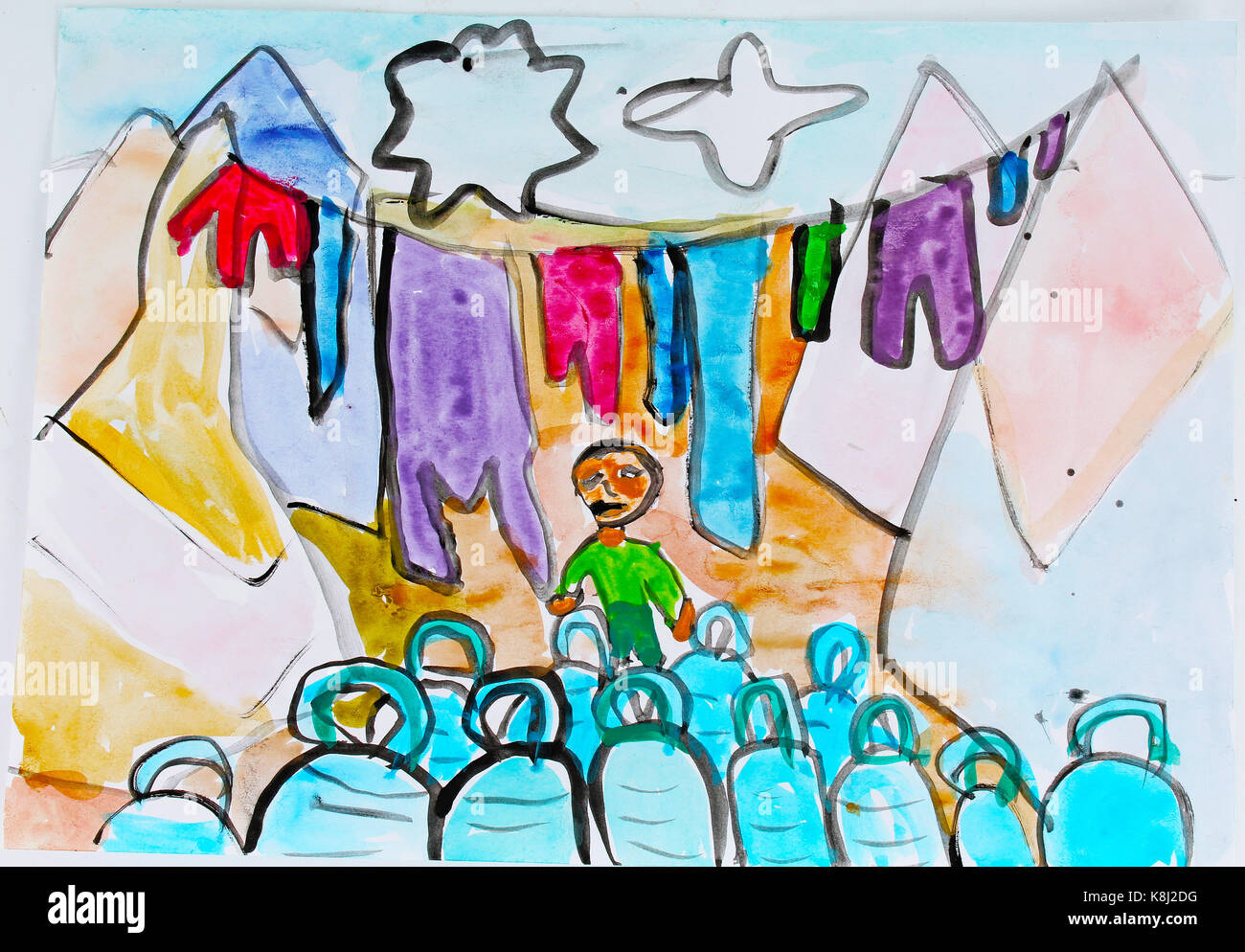 Syrian refugee child draw paint about everyday life in camp / informal ...