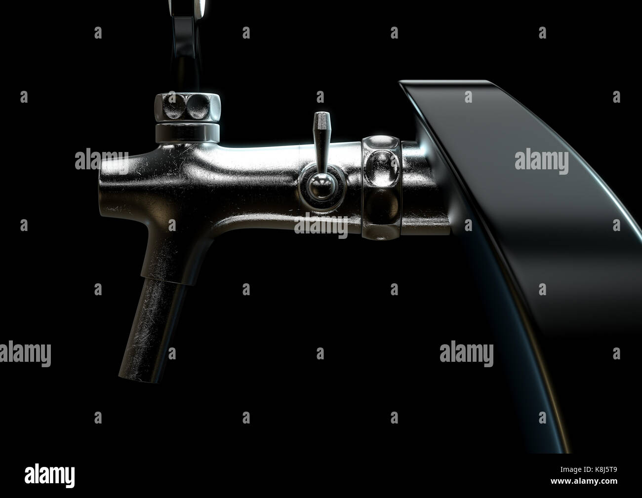 A slick modern black and chrome draught beer tap on an isolated dark ...