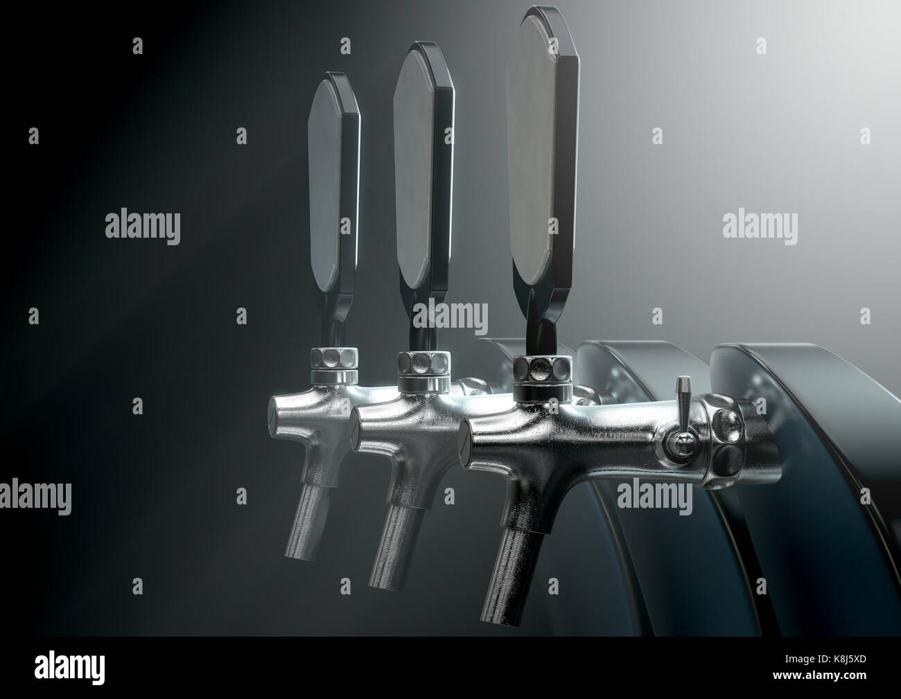 A row of slick modern black and chrome draught beer taps on an isolated ...