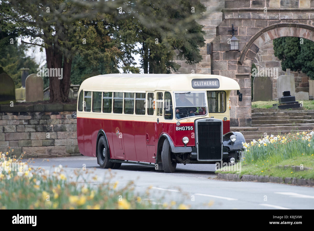 Vintage Bus at Astbury Church, Congleton, Cheshire, England Stock Photo ...