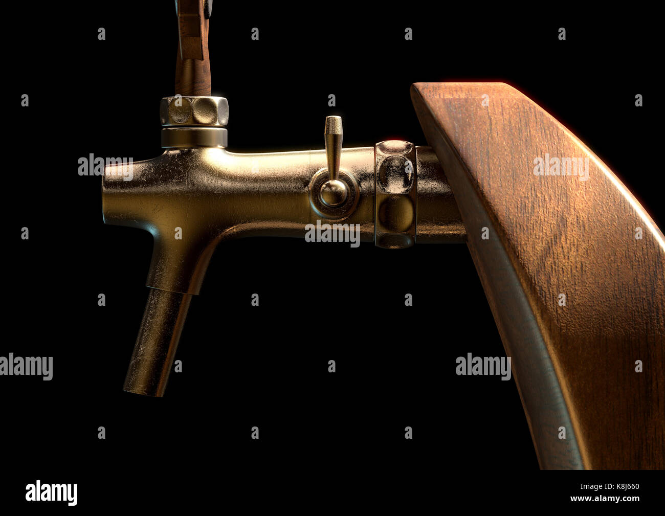A wood and brass draught beer tap on an isolated dark moody studio ...