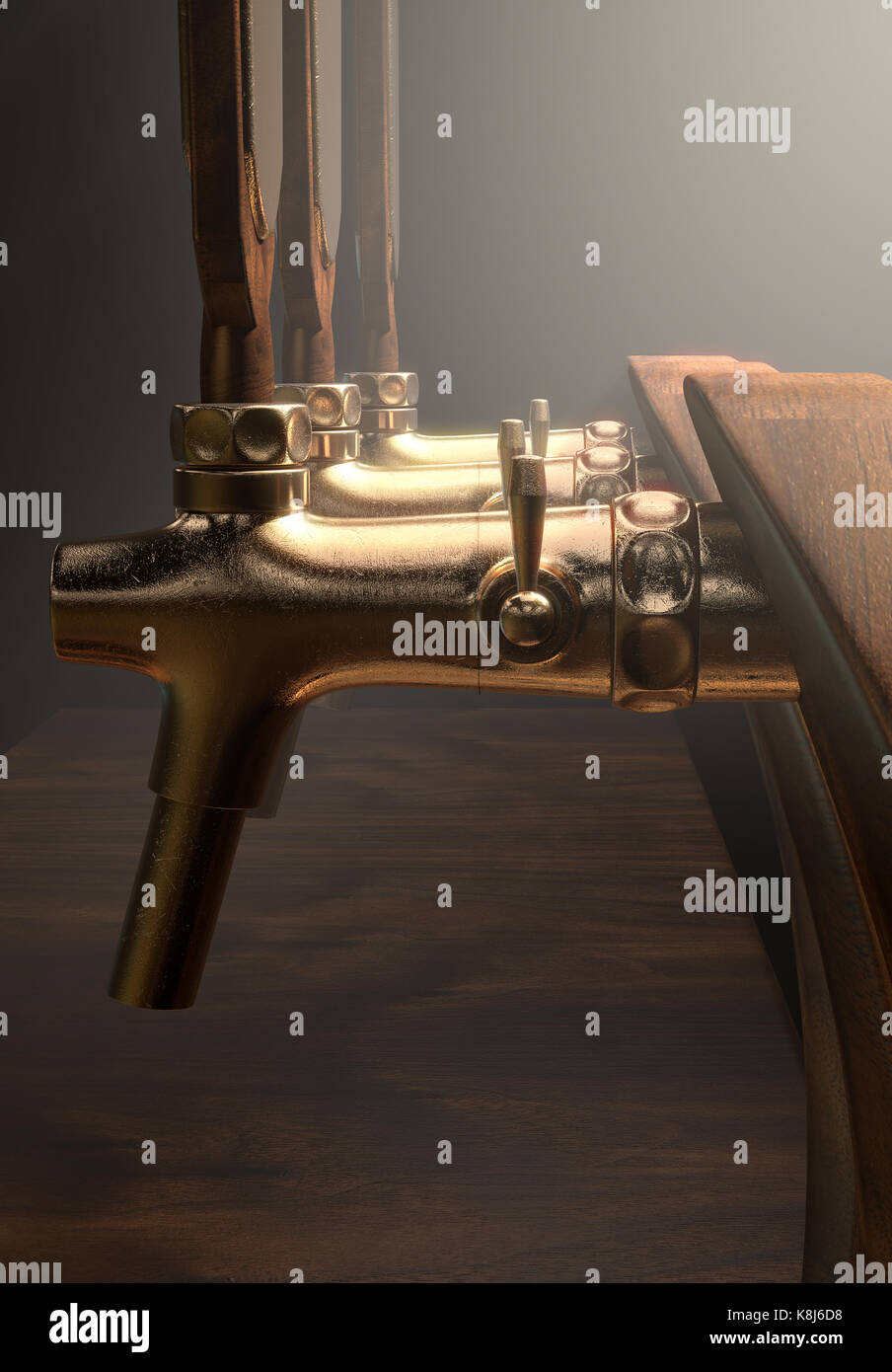 A row of wood and brass draught beer taps on an isolated dark moody ...