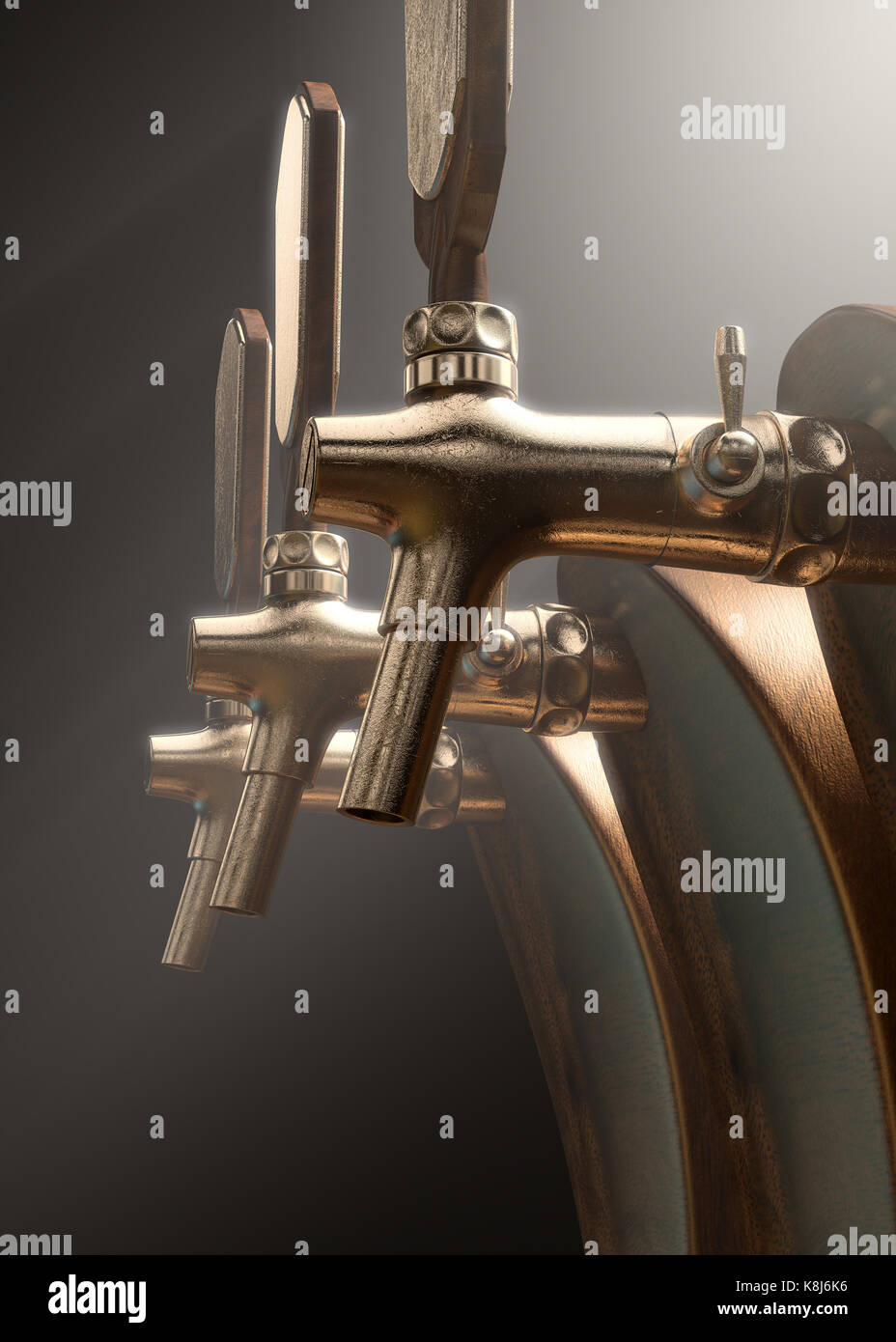 A row of wood and brass draught beer taps on an isolated dark moody ...