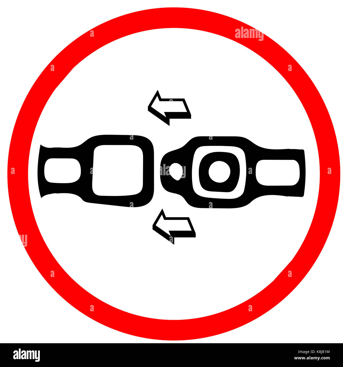 Fasten safety seat belt. Red prohibition warning symbol sign on white ...