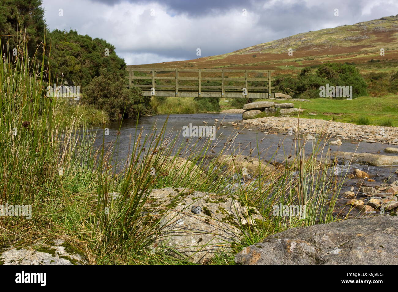River Lyd with wooden bridge and stepping stones Dartmoor National Park ...