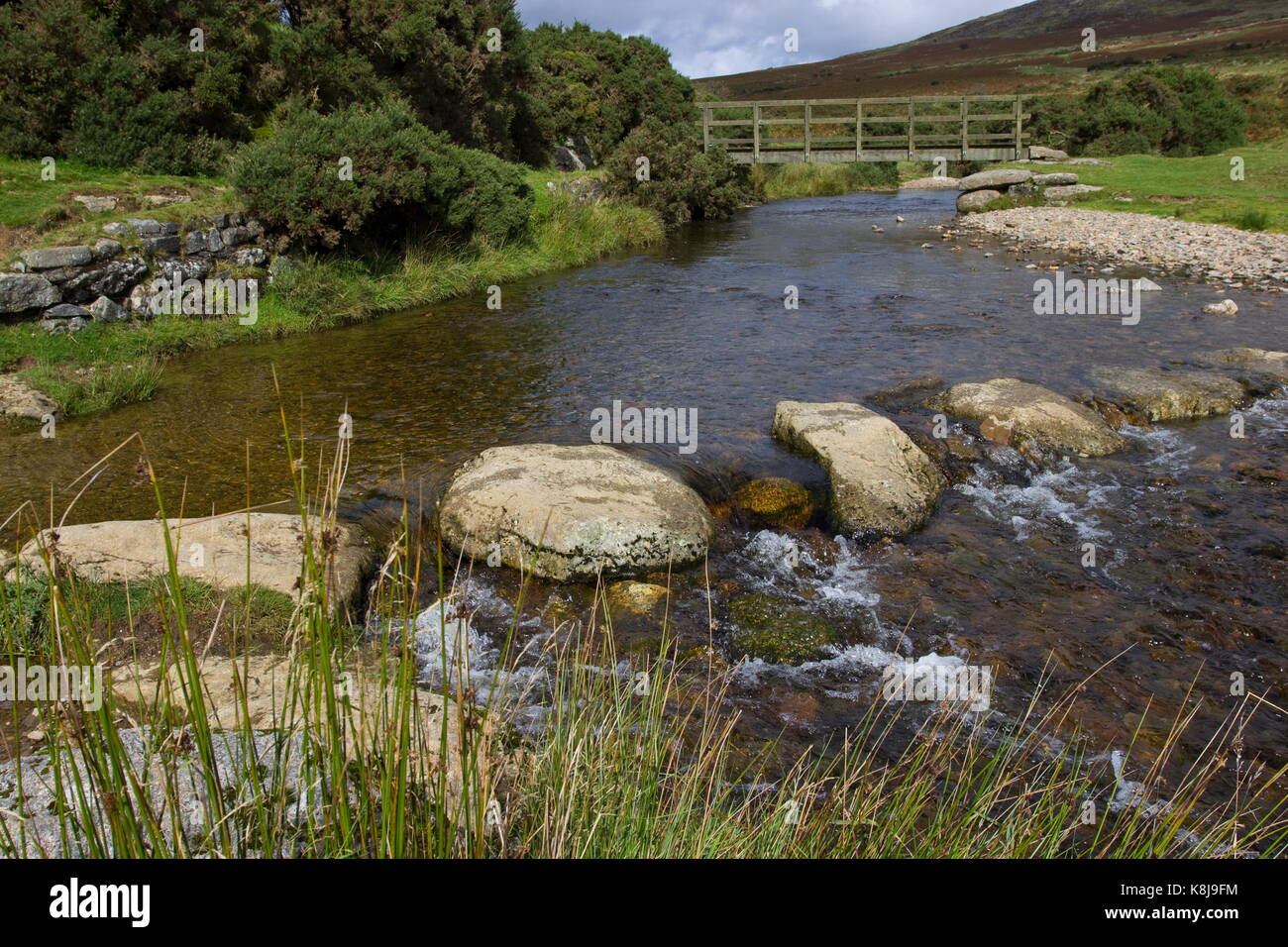 River Lyd with wooden bridge and stepping stones Dartmoor National Park ...