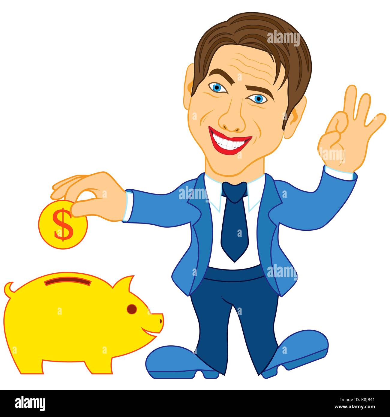 Smiling man in a blue suit throwing a Dollar coin in the yellow piggy ...