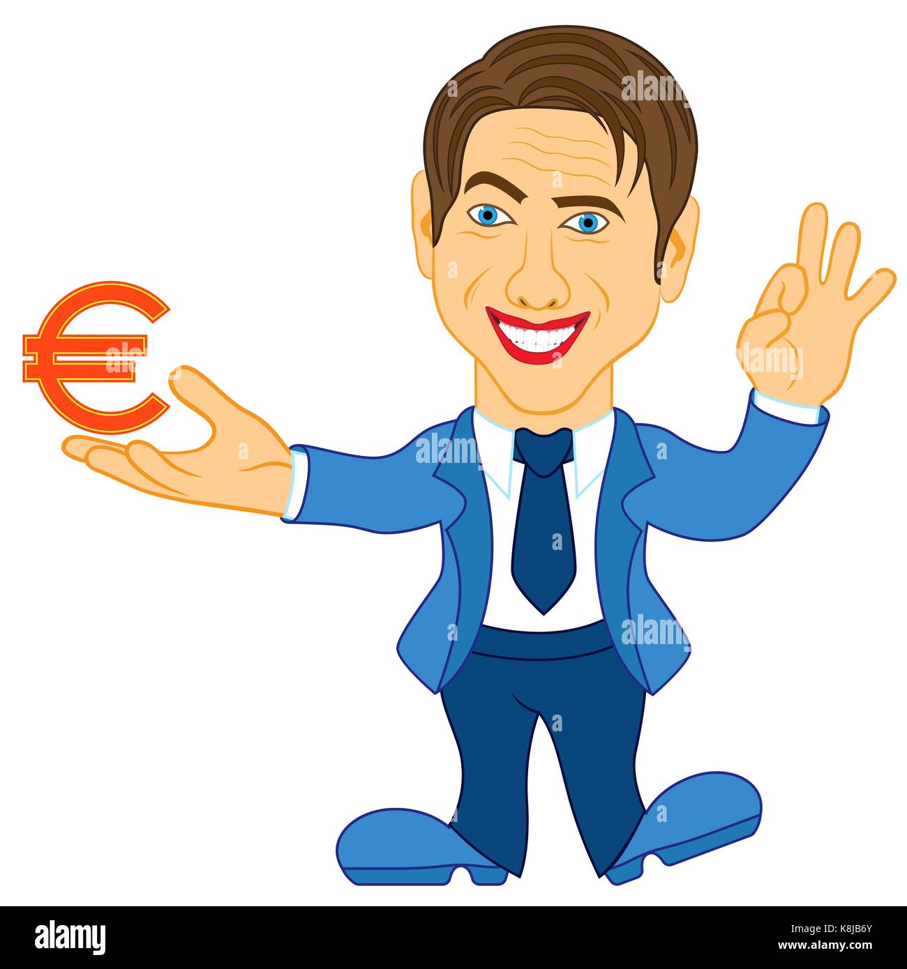 Smiling and joyful man in blue suit holds a Euro symbol and gesticulate ...