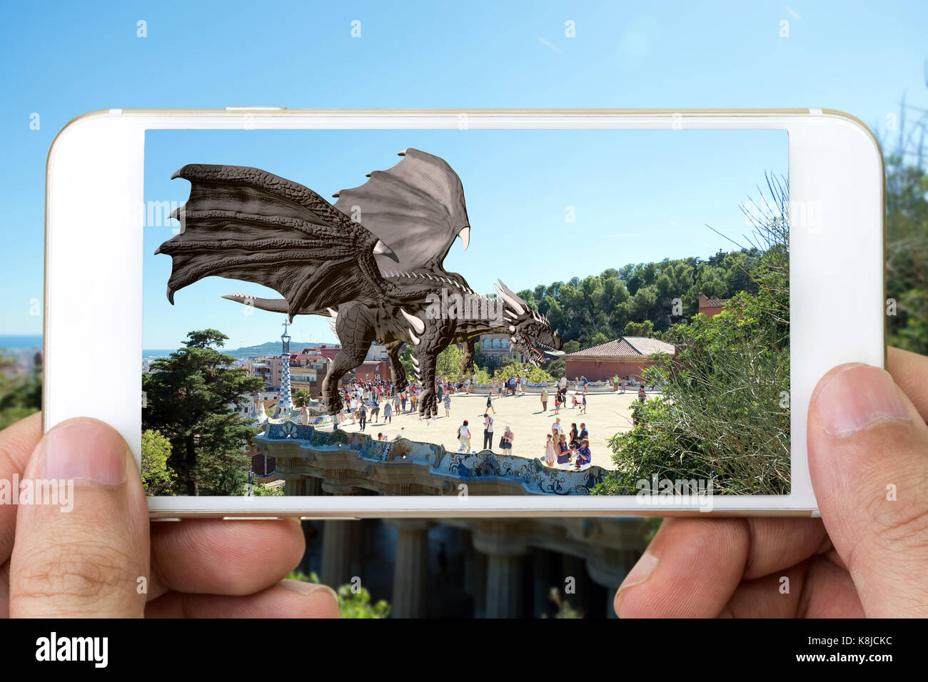 Augmented reality marketing technology concept. Customer hand holding ...