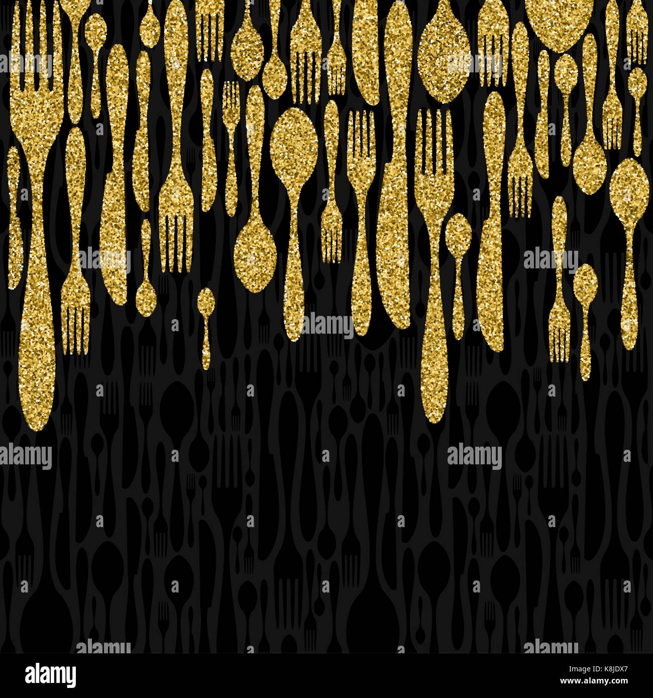 Gold glitter cutlery seamless pattern, utensil background for ...