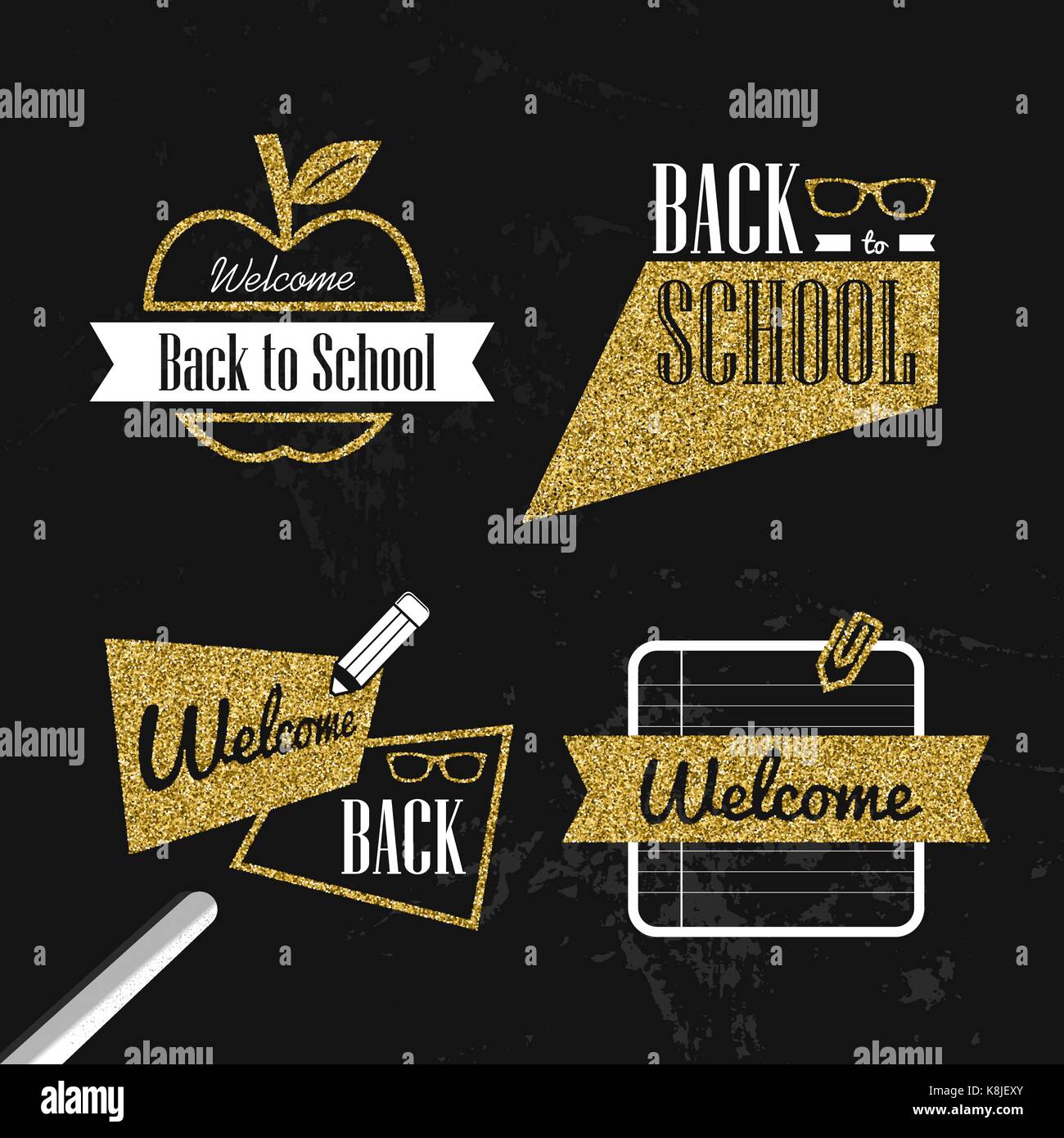 Back to school gold glitter typography quote set, golden text label ...