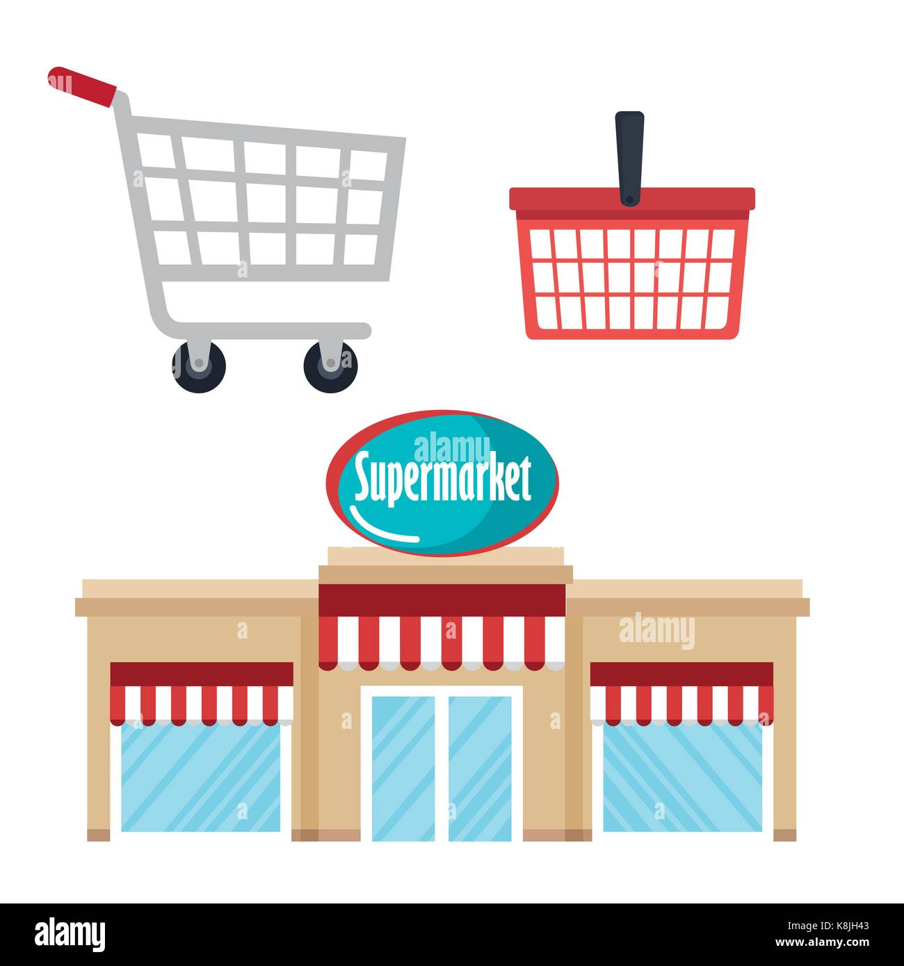 supermarket building with basket and cart shopping vector illustration ...