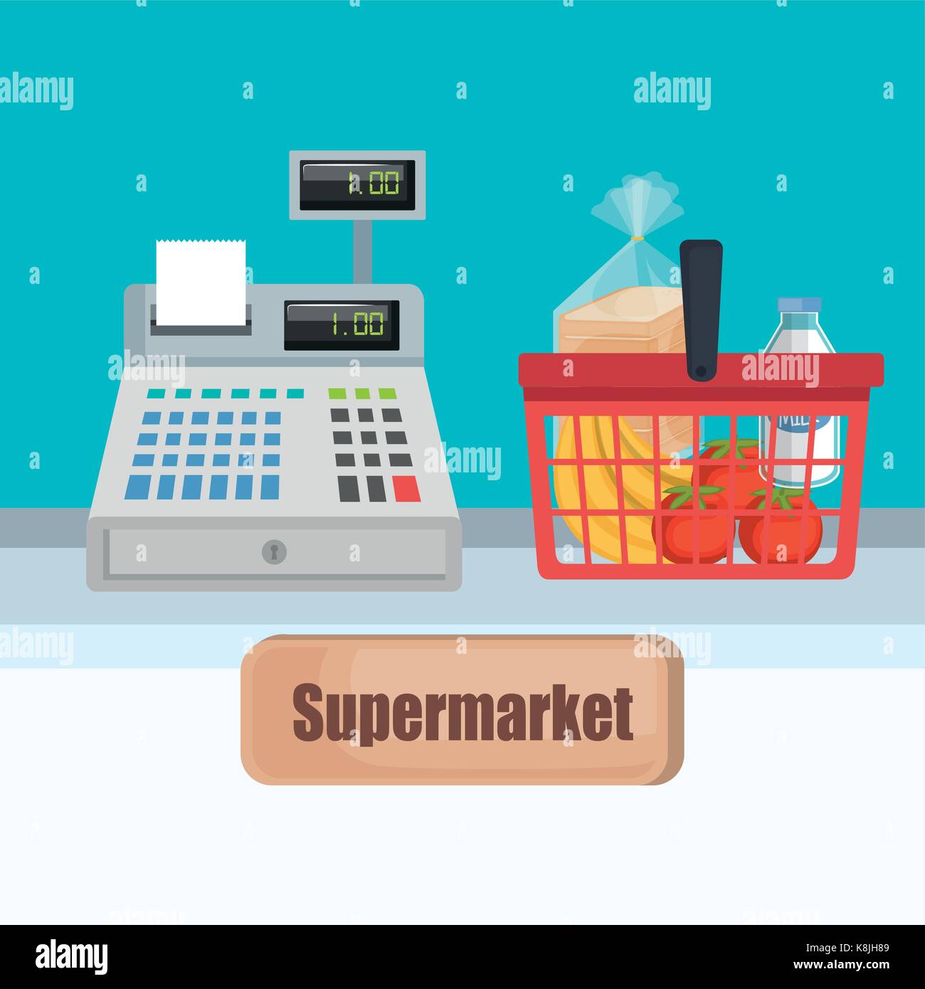 supermarket cash register with shopping basket vector illustration ...