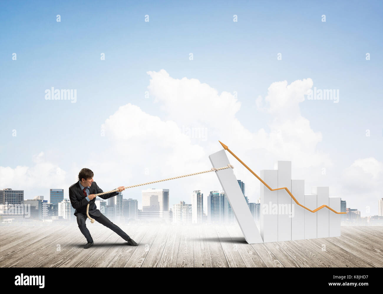 Man pulling with effort big pulling rope graph, as a symbol of ...