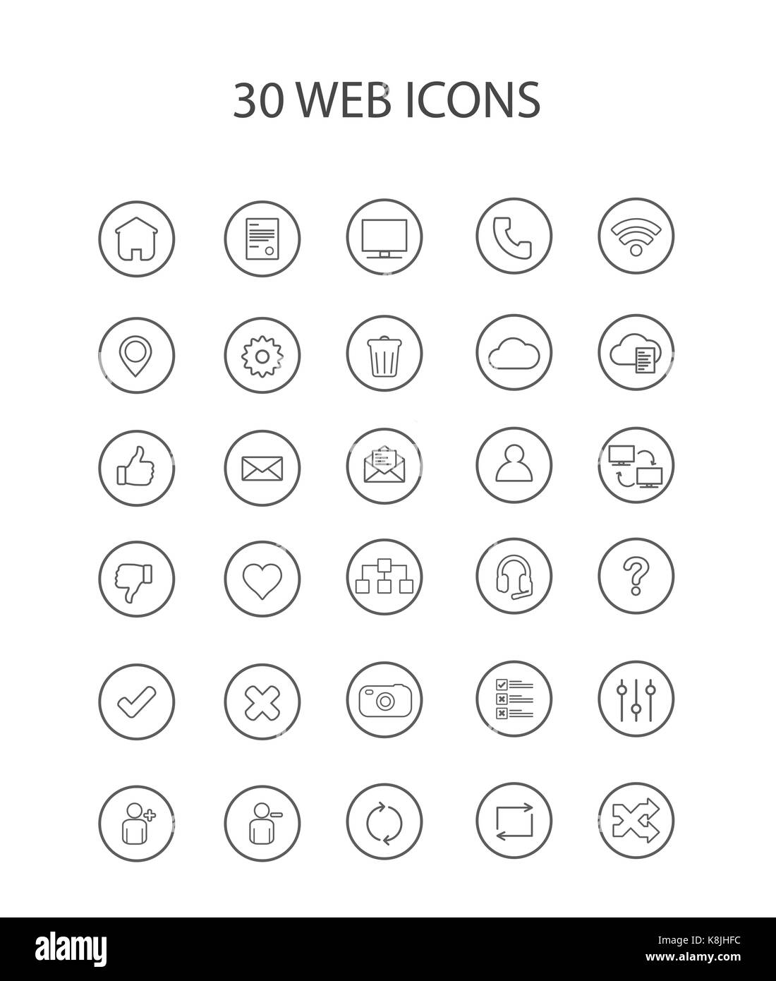 30 Grey Web Icons with Hollow Round, Vector, Illustration Stock Vector ...