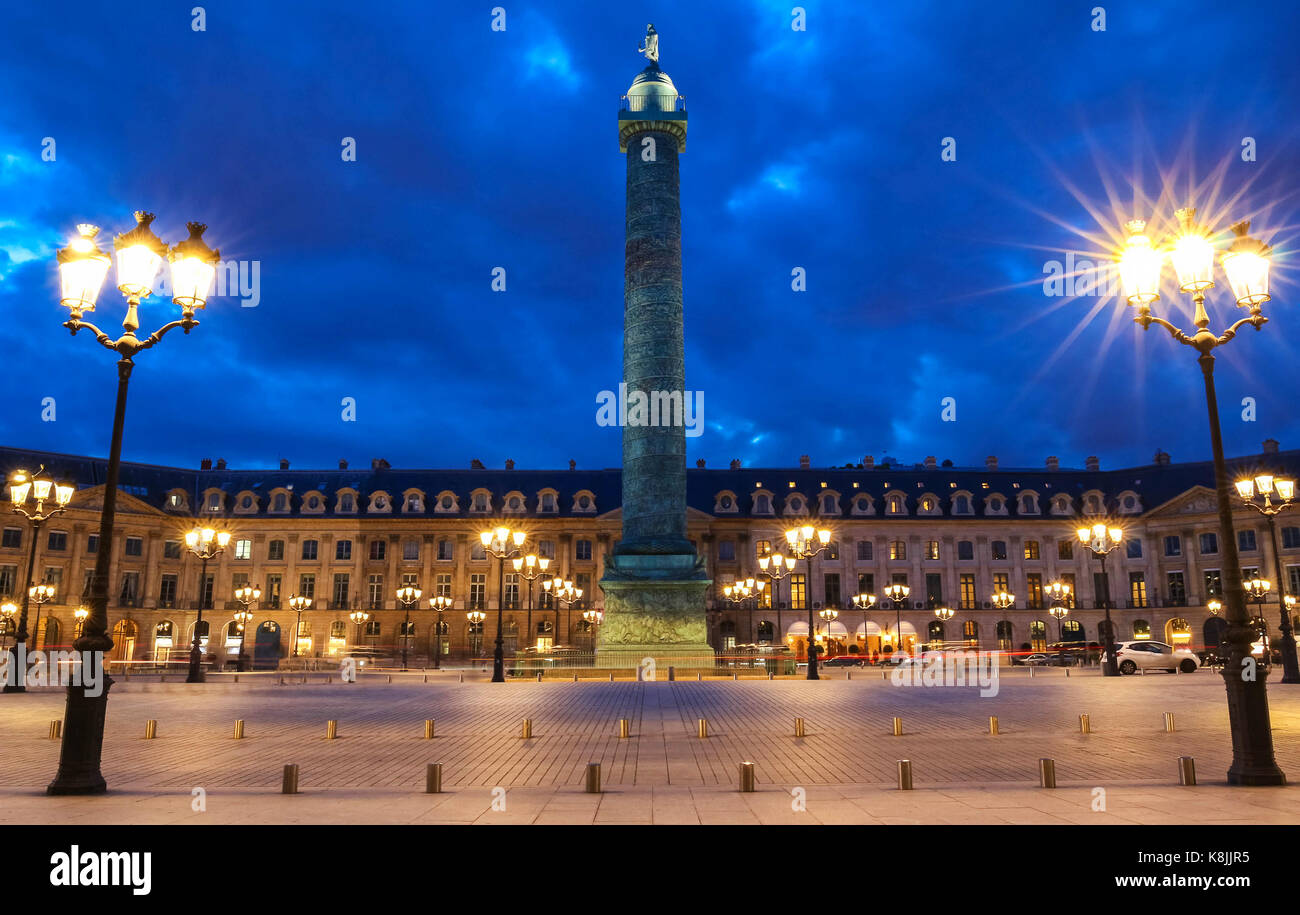 The Vendome column , the Place Vendome at night, Paris, France Stock ...