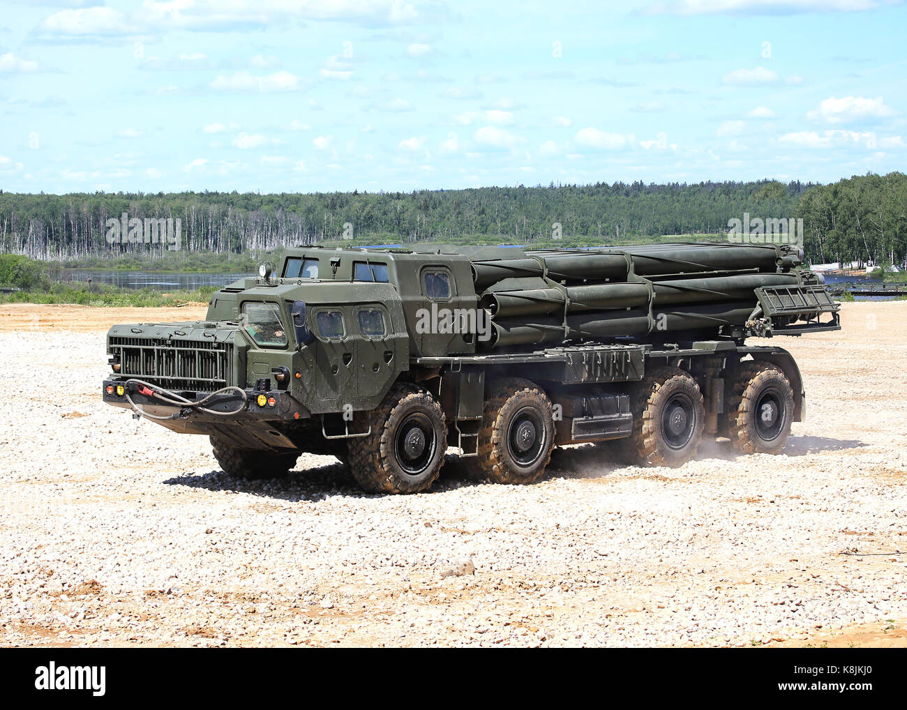 Multi launch rocket system with barrels on the vehicle chassis on a ...