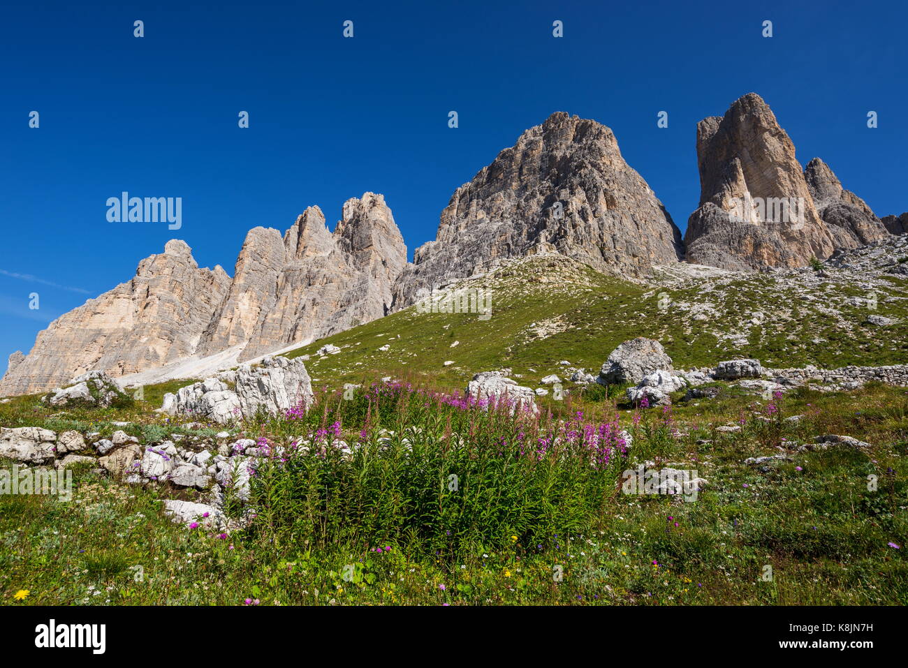 View of Tre Cime from a path between rifugio Auronzo and Rifugio ...