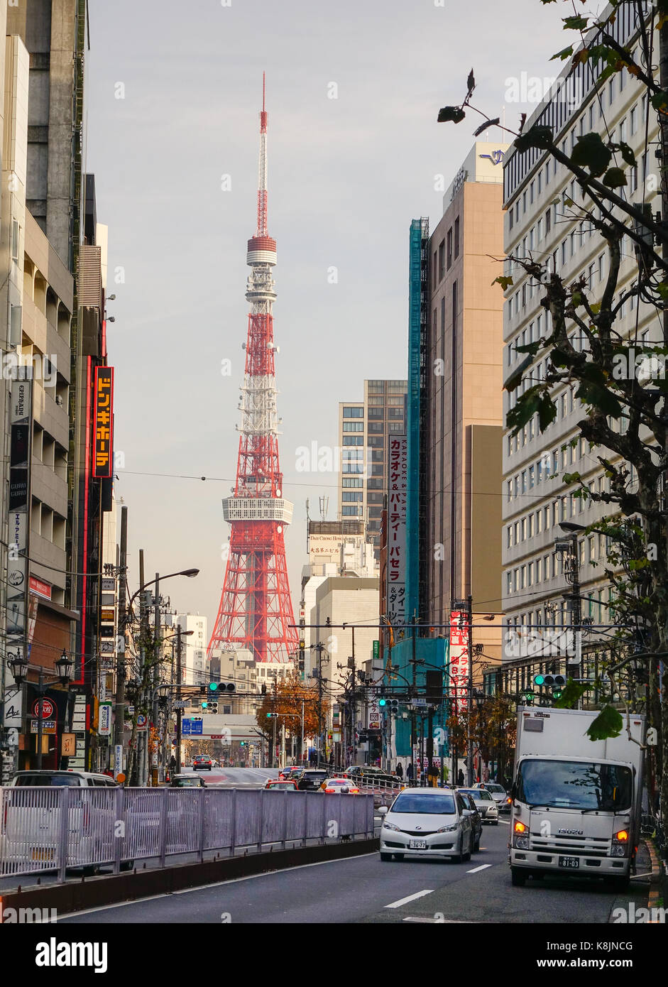 Tokyo, Japan - Jan 3, 2016. View of street with Tokyo Tower in Tokyo ...