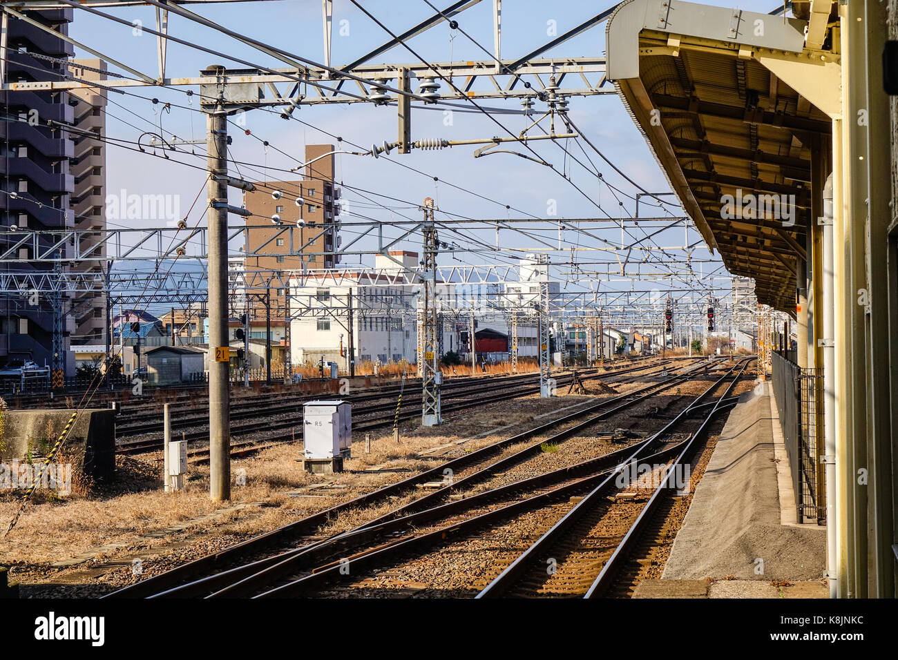 Tokyo, Japan - Dec 25, 2015. Empty tracks at railway station in Tokyo ...